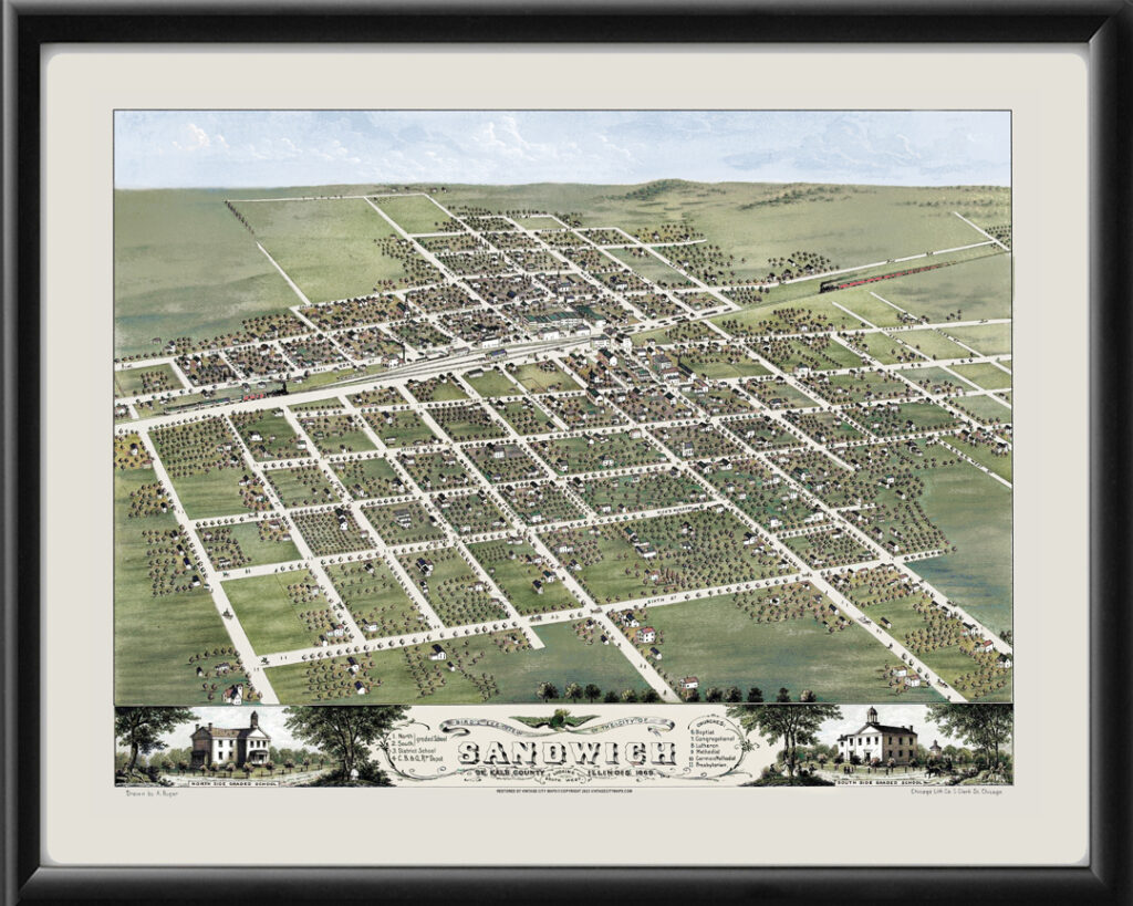 Vintage City Maps - Bird's eye view map of Sandwich, Illinois, 1869