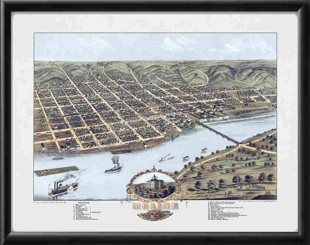 Vintage City Maps - Bird's eye view map of Moline, Illinois, 1869