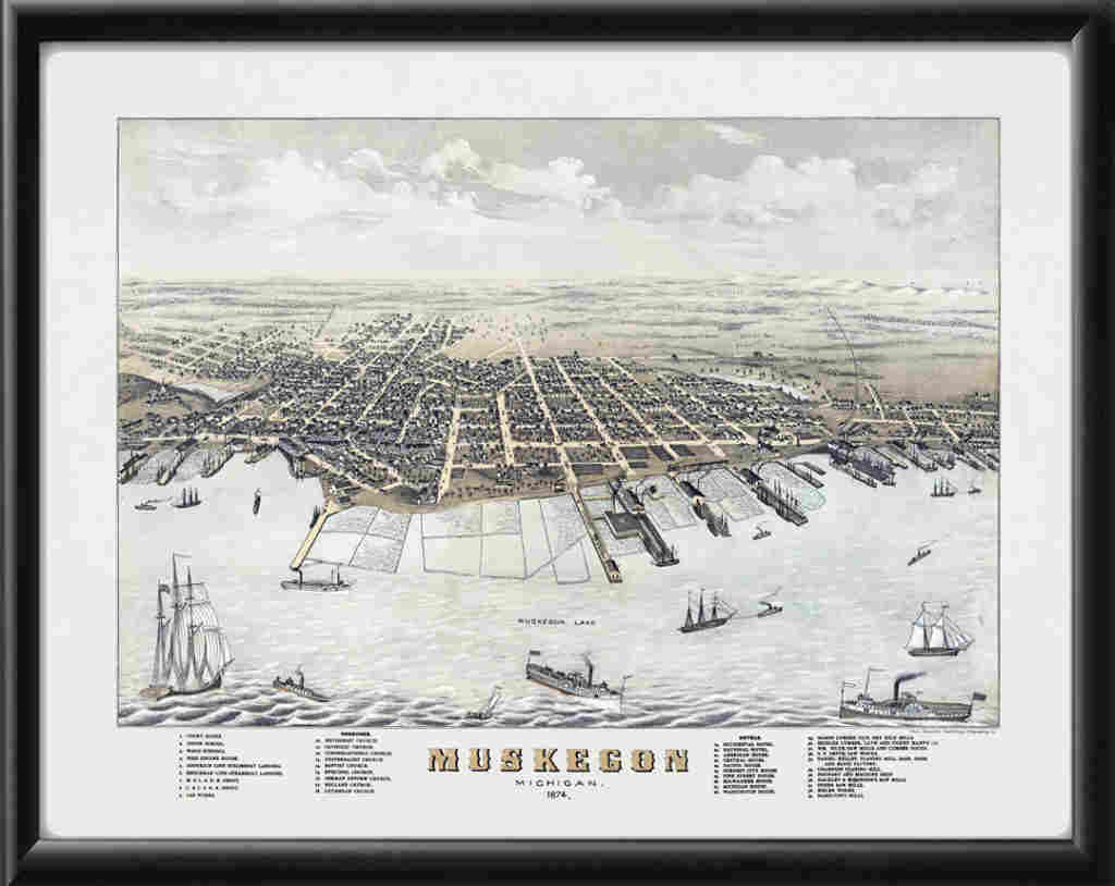 Vintage City Maps - Bird's Eye View of Muskegon, Michigan, 1874
