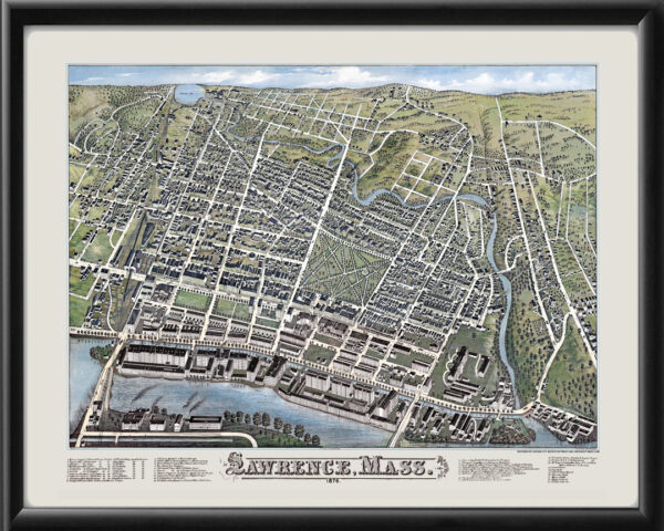Vintage City Maps - Bird's eye view map of Lawrence, MA, 1876
