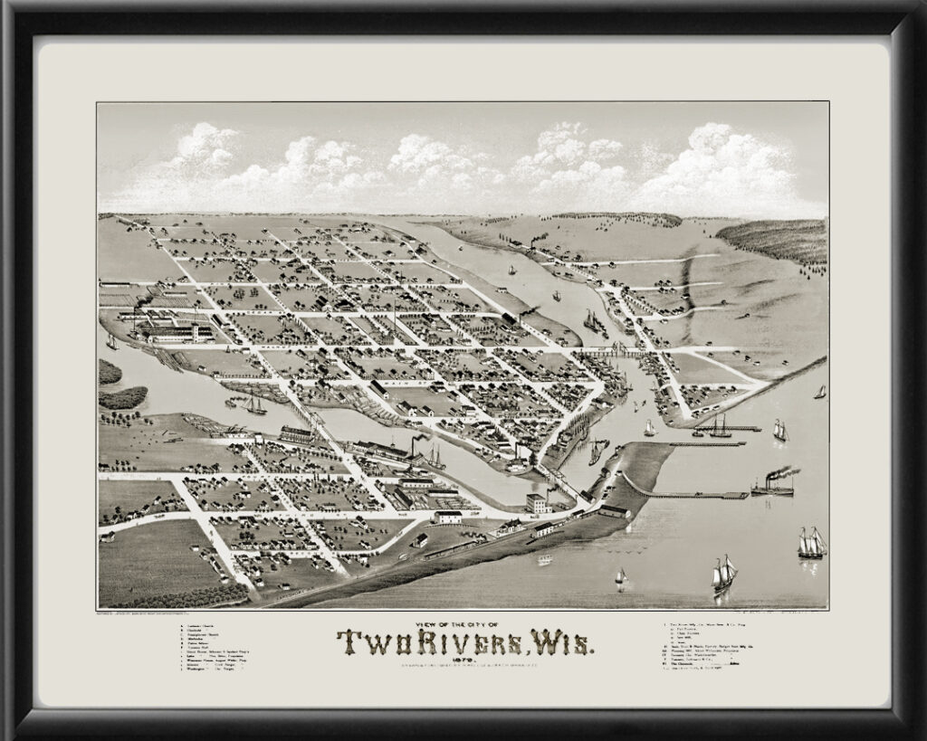 Restored bird's eye view map of Two Rivers, Wisconsin, 1879