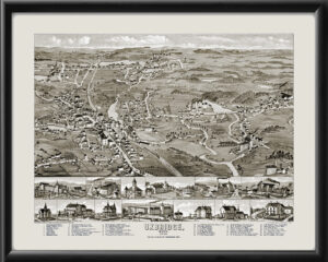 Vintage City Maps - Bird's eye view map of Uxbridge, MA 1880