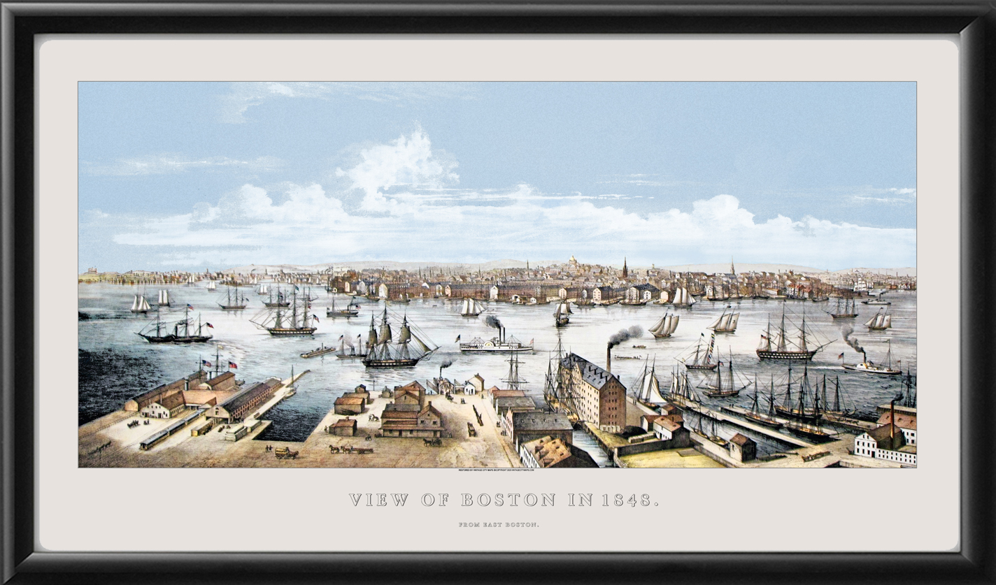 Vintage City Maps - Panoramic map of Boston in 1848, from East Boston