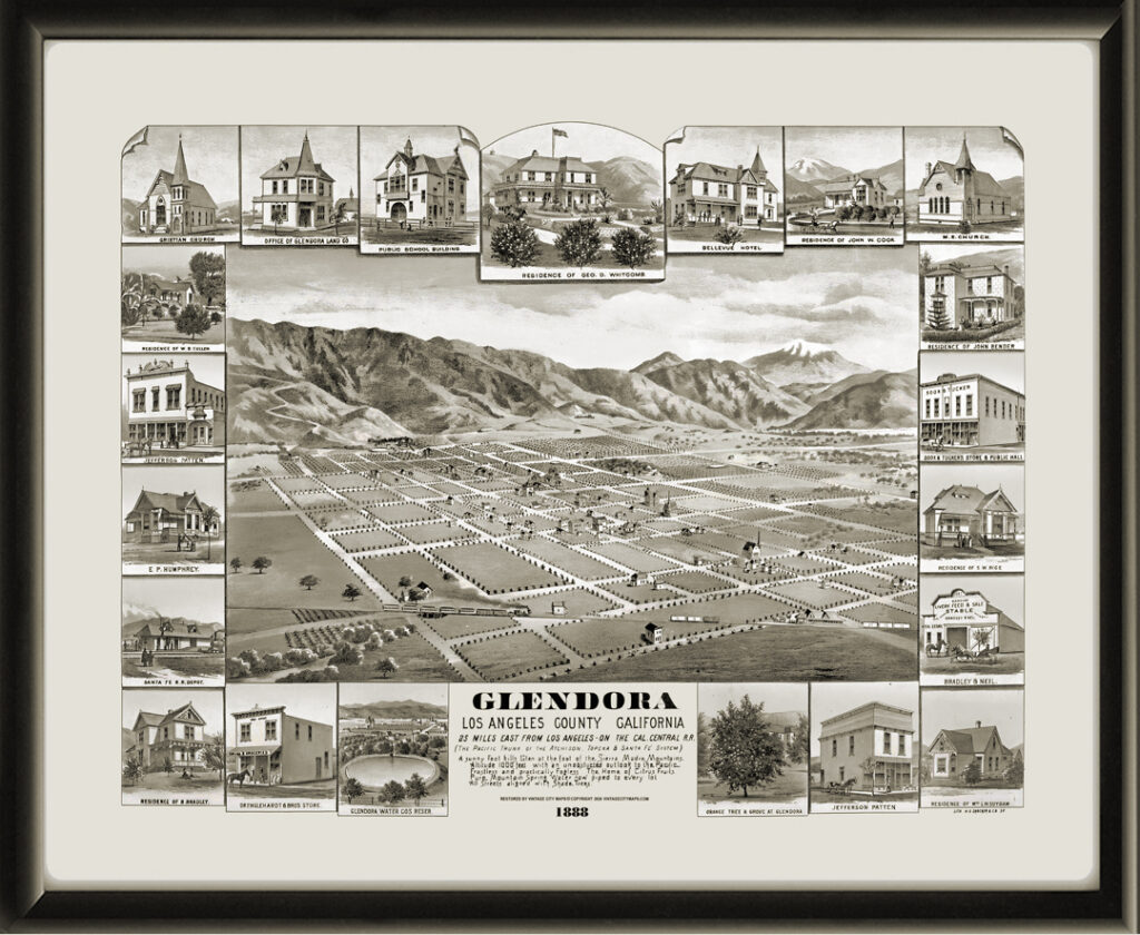 Glendora CA 1888 - Restored Bird's Eye View Map | Vintage City Maps