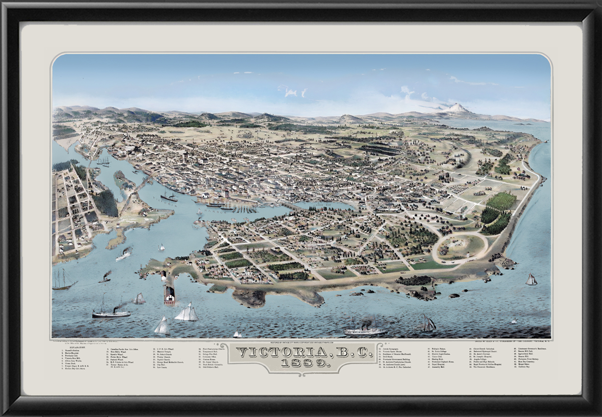 Victoria BC Canada 1889 (Color) - Restored Bird's Eye View Map ...