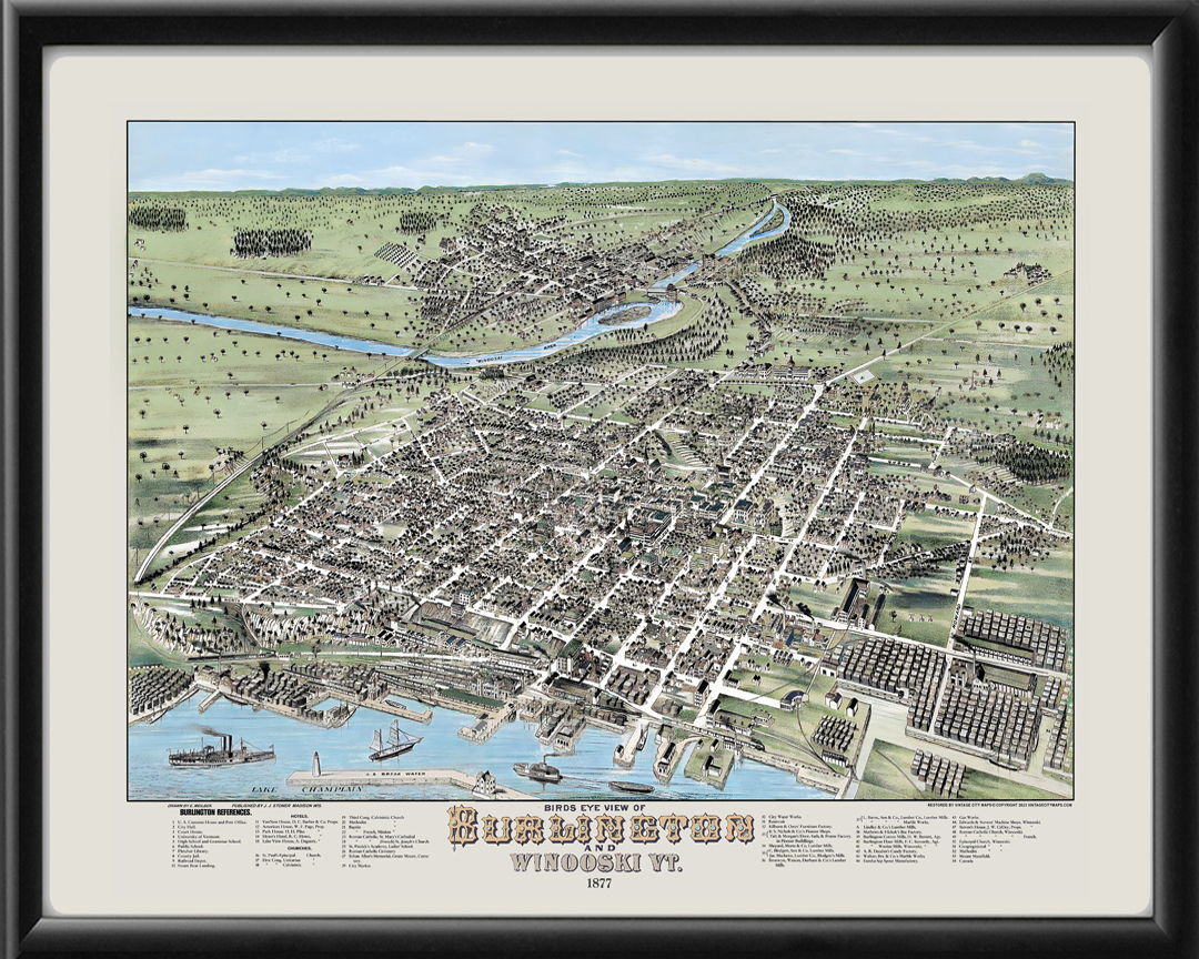 Burlington VT 1877 Restored Map | Vintage City Maps