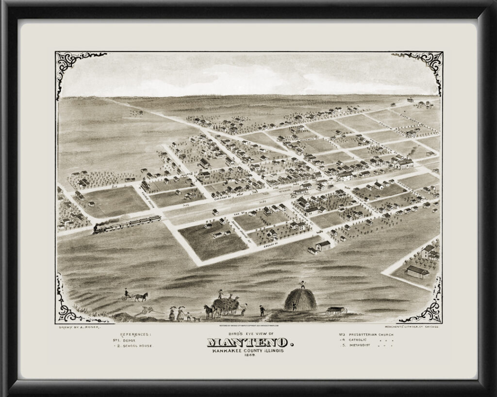 Manteno IL 1869 | Vintage City Maps - Restored Bird's Eye Views