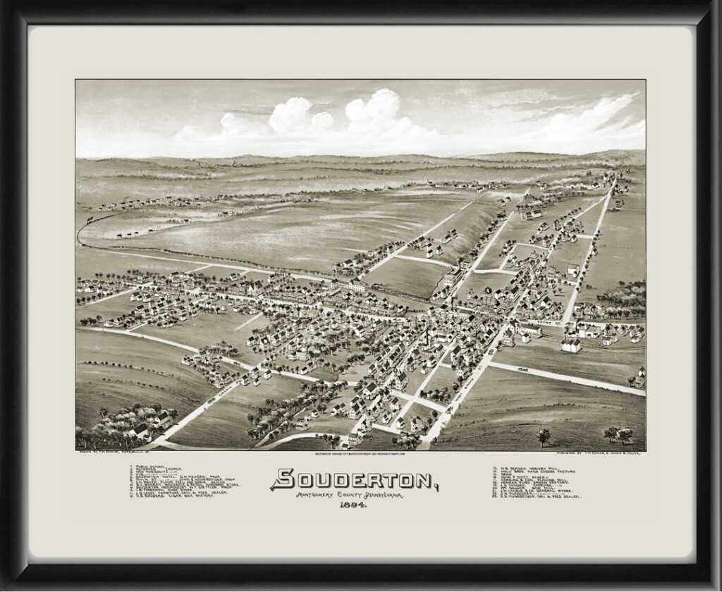 Souderton PA 1894 - Restored Bird's Eye View Map | Vintage City Maps