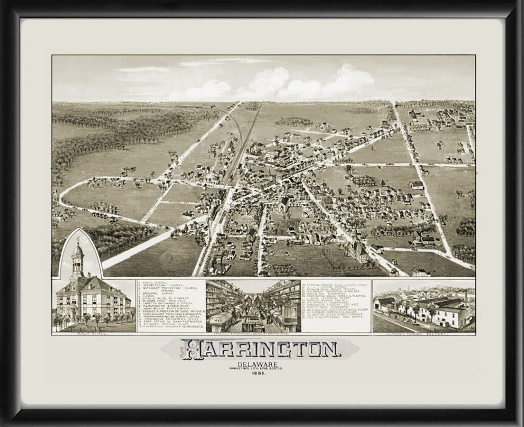Harrington DE 1885 - Restored Bird's Eye View Map | Vintage City Maps