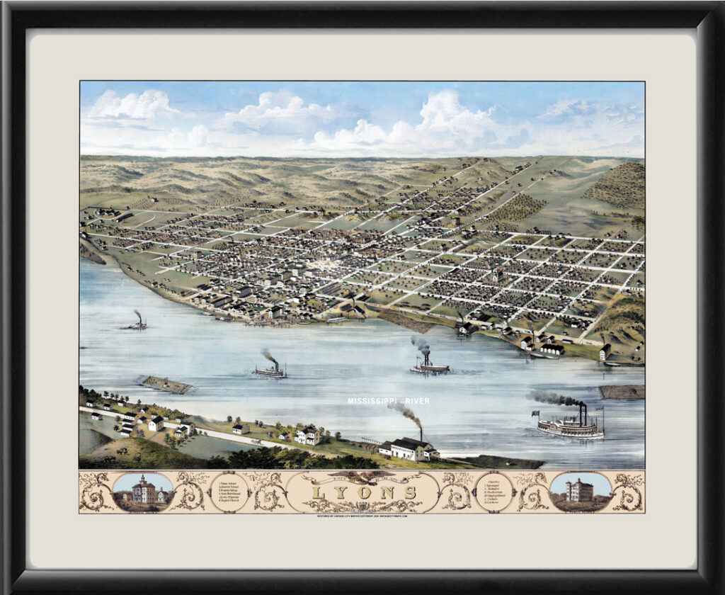 Lyons IA 1868 - Restored Bird's Eye View Map | Vintage City Maps