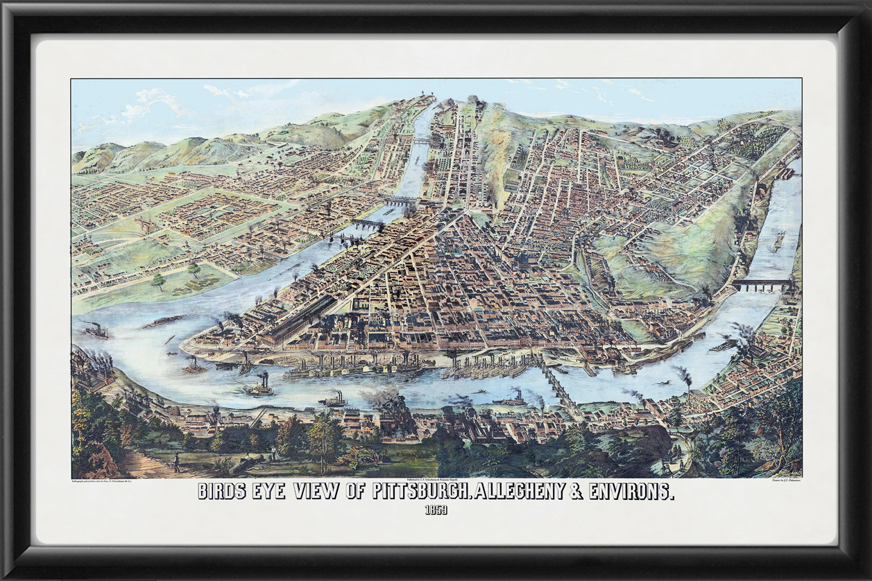 Pittsburgh PA 1859 - Restored Bird's Eye View | Vintage City Maps