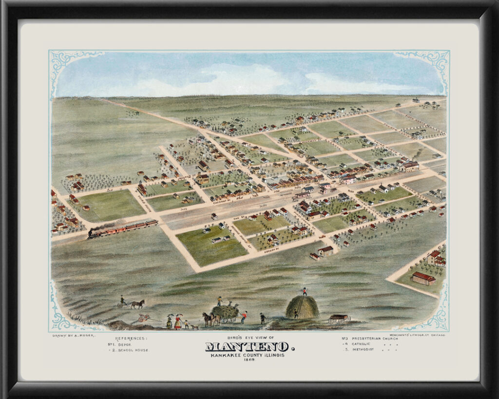 Manteno IL 1869 (Color) | Vintage City Maps - Restored Bird's Eye Views
