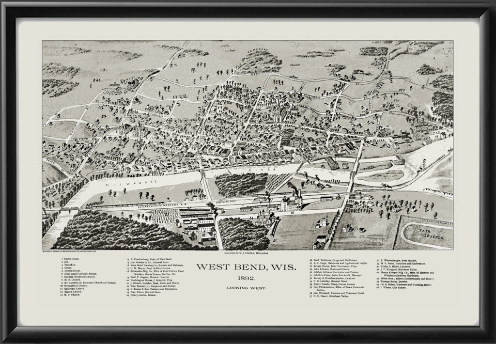 West Bend WI 1892 Restored Map | Vintage City Maps