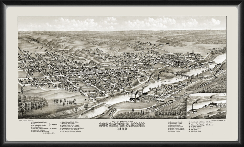 Big Rapids MI 1880 Restored Map | Vintage City Maps