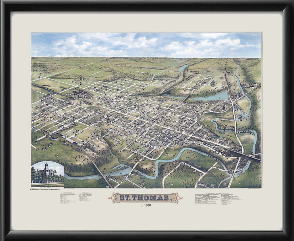 St. Thomas Ontario Canada 1886 Restored Bird's Eye View Map | Vintage ...