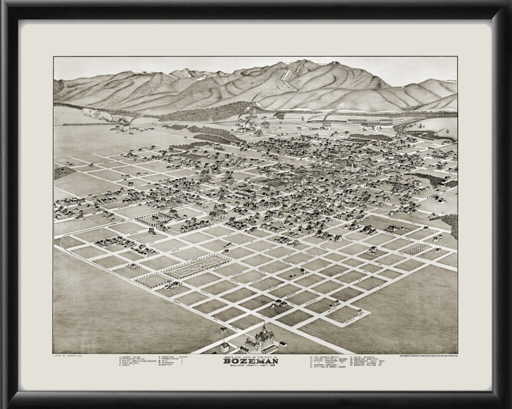 Bozeman MT 1898 - Restored Bird's Eye View Map | Vintage City Maps