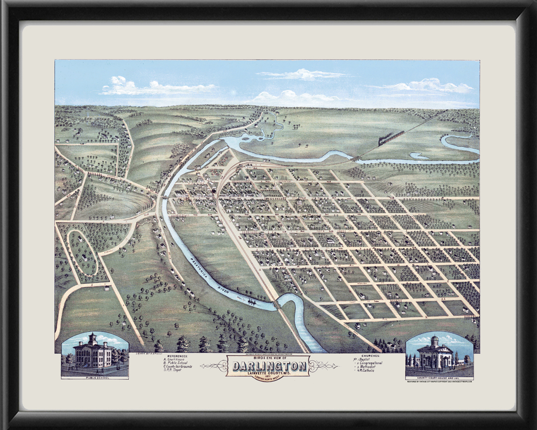Darlington WI 1871 Restored Map | Vintage City Maps