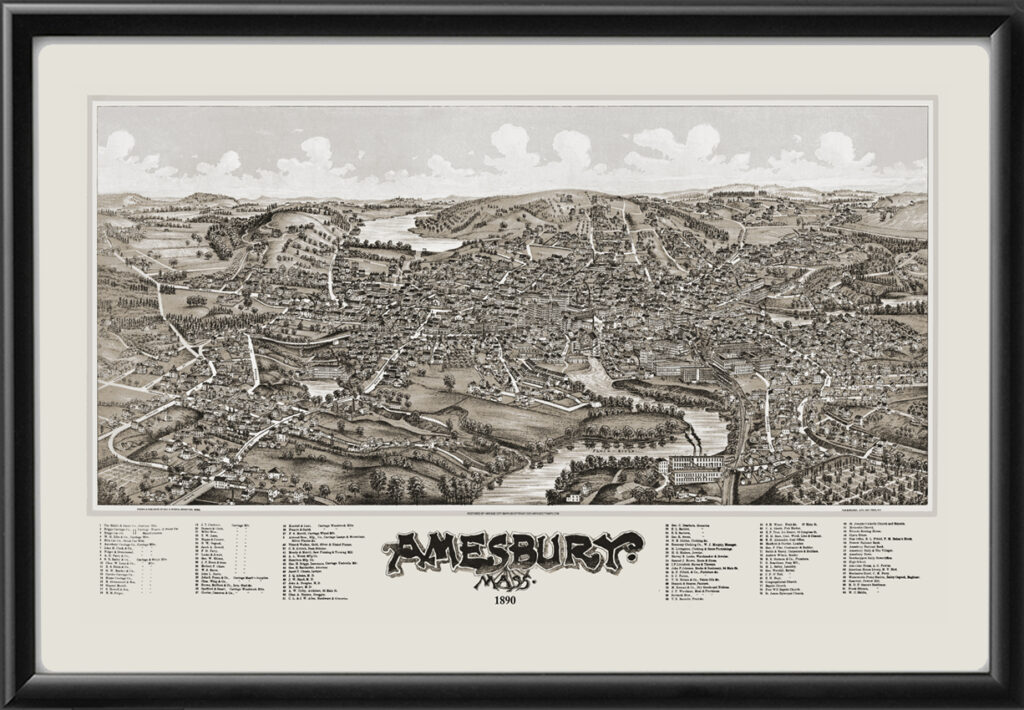 Amesbury MA 1890 - Restored Bird's Eye View Map | Vintage City Maps