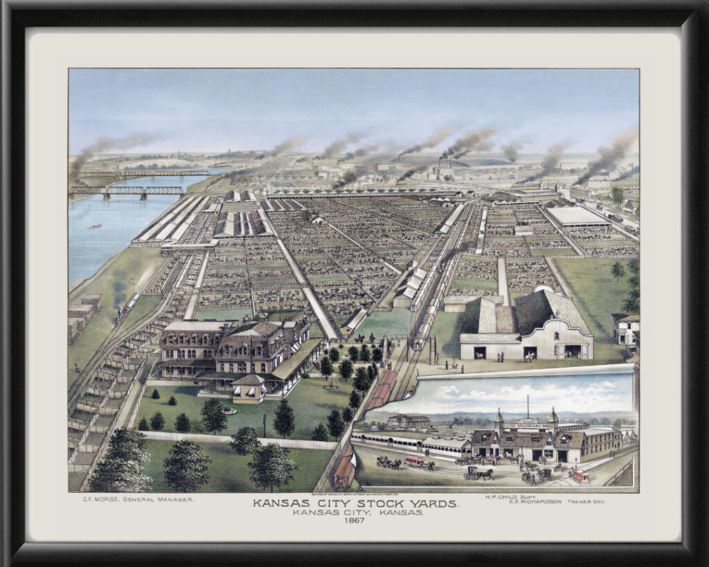 Kansas City Stockyards 1867 - Bird's Eye View - Vintage City Maps