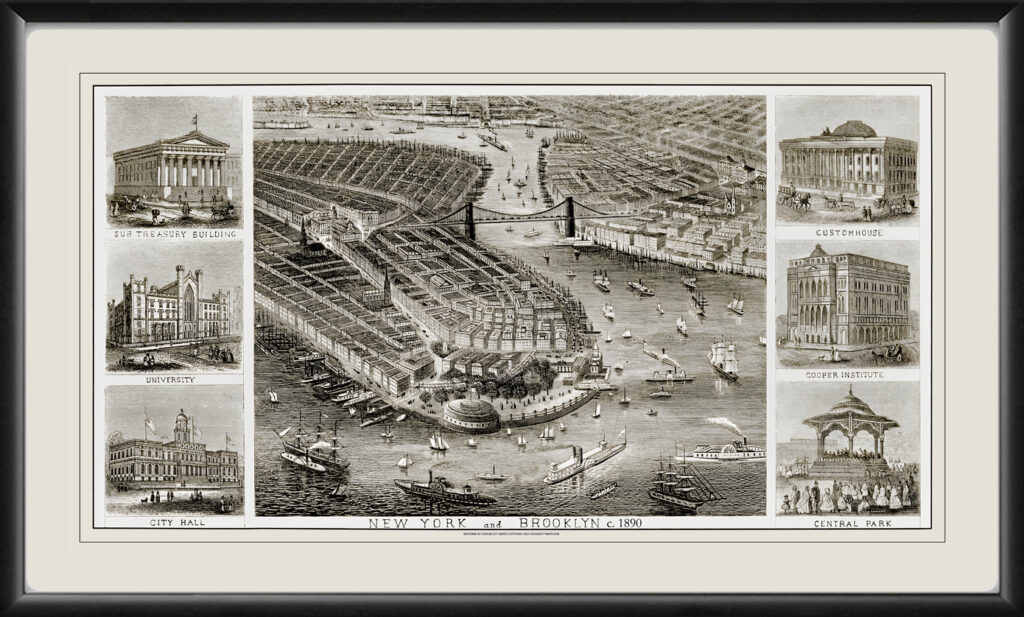 New York City NY 1890 - Restored Bird's Eye View Map | Vintage City Maps