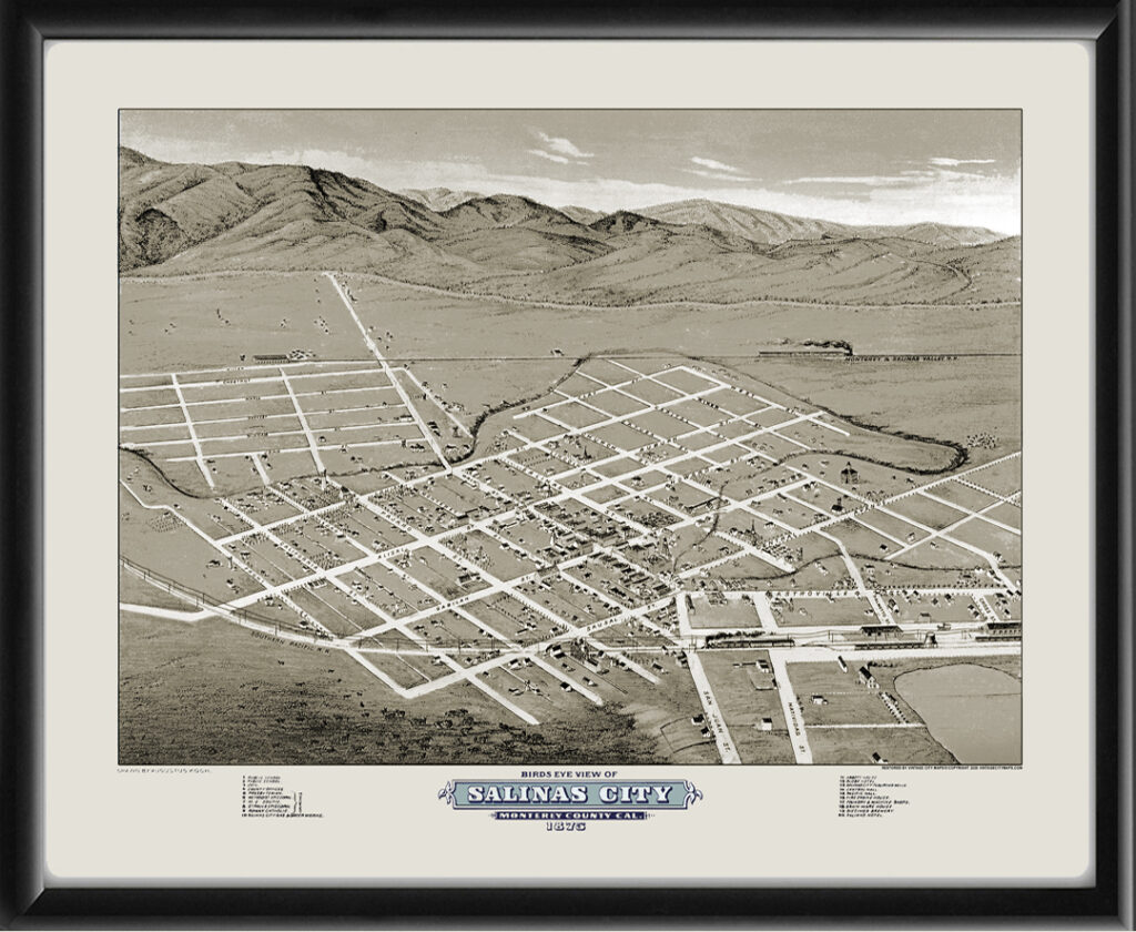 Salinas CA 1875 - Restored Bird's Eye View | Vintage City Maps