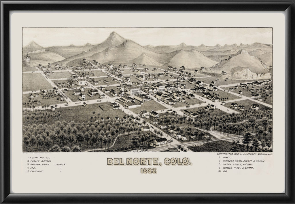 Del Norte CO 1882 - Restored Bird's Eye View Map | Vintage City Maps