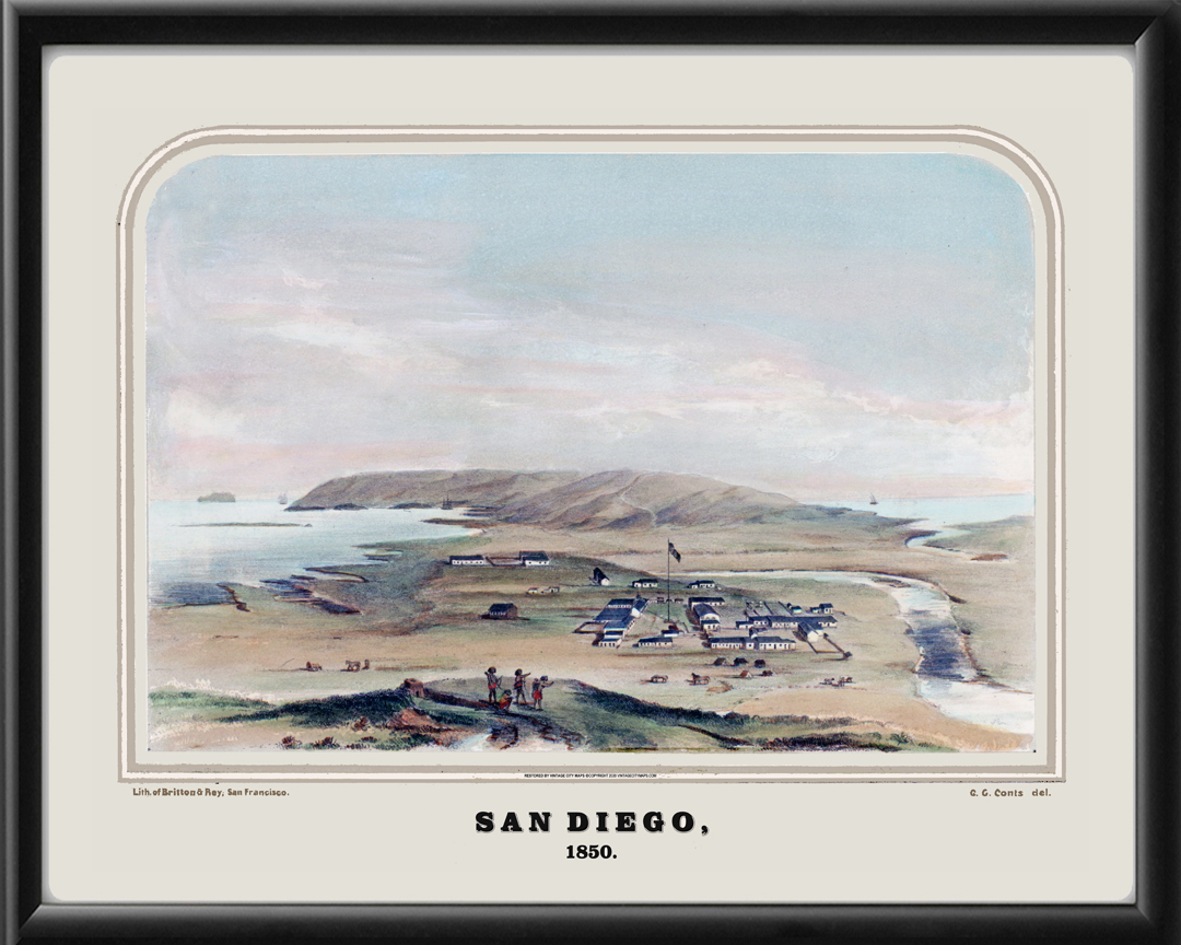 San Diego CA 1850 Restored Map | Vintage City Maps