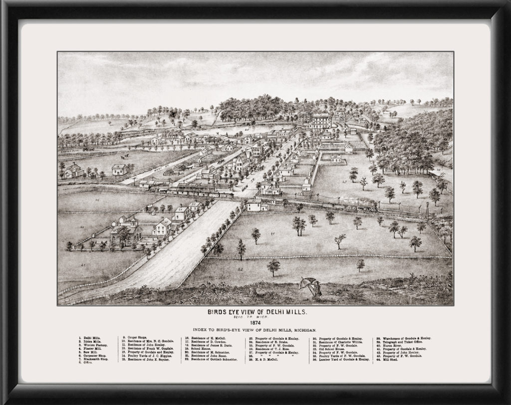Delhi Mills MI 1874 - Restored Bird's Eye View Map | Vintage City Maps