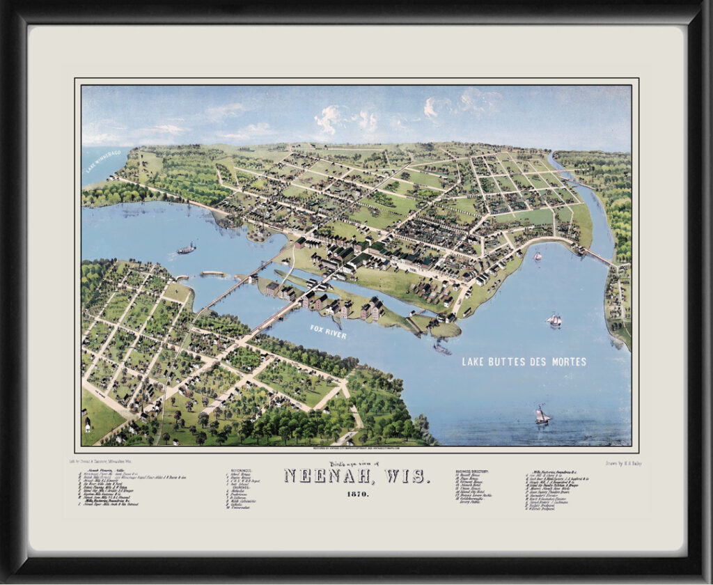 Neenah WI 1870 - Restored Bird's Eye View Map | Vintage City Maps