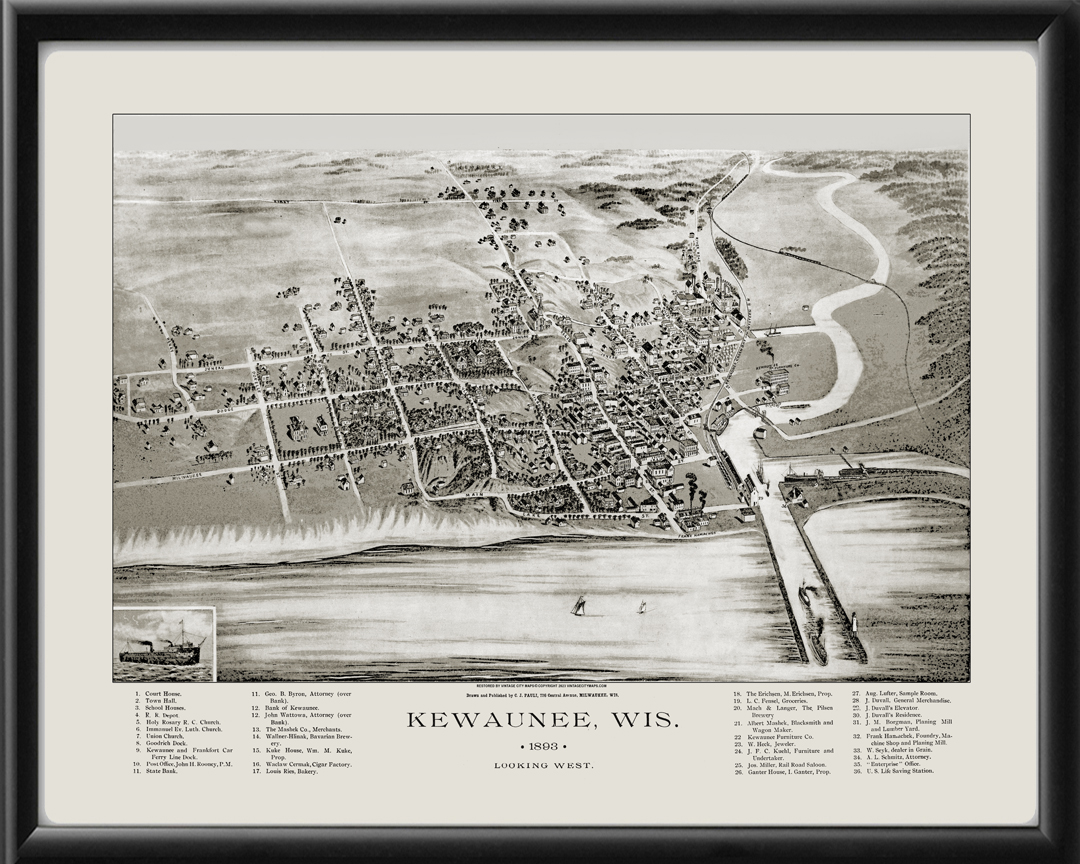 Kewaunee WI 1893 Restored Map | Vintage City Maps