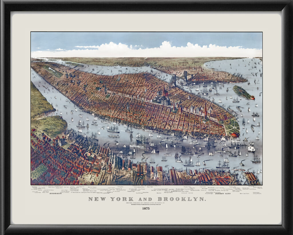 New York City NY 1875 - Restored Bird's Eye View Map | Vintage City Maps
