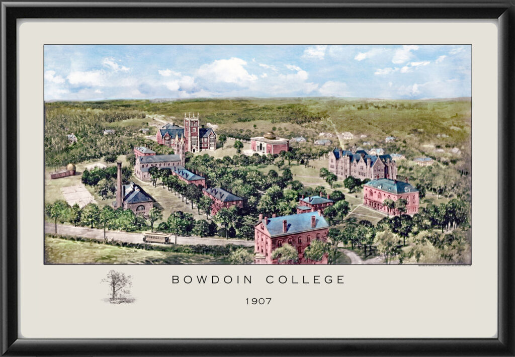 Bowdoin College 1907 Color - Restored Bird's Eye View | Vintage City Maps