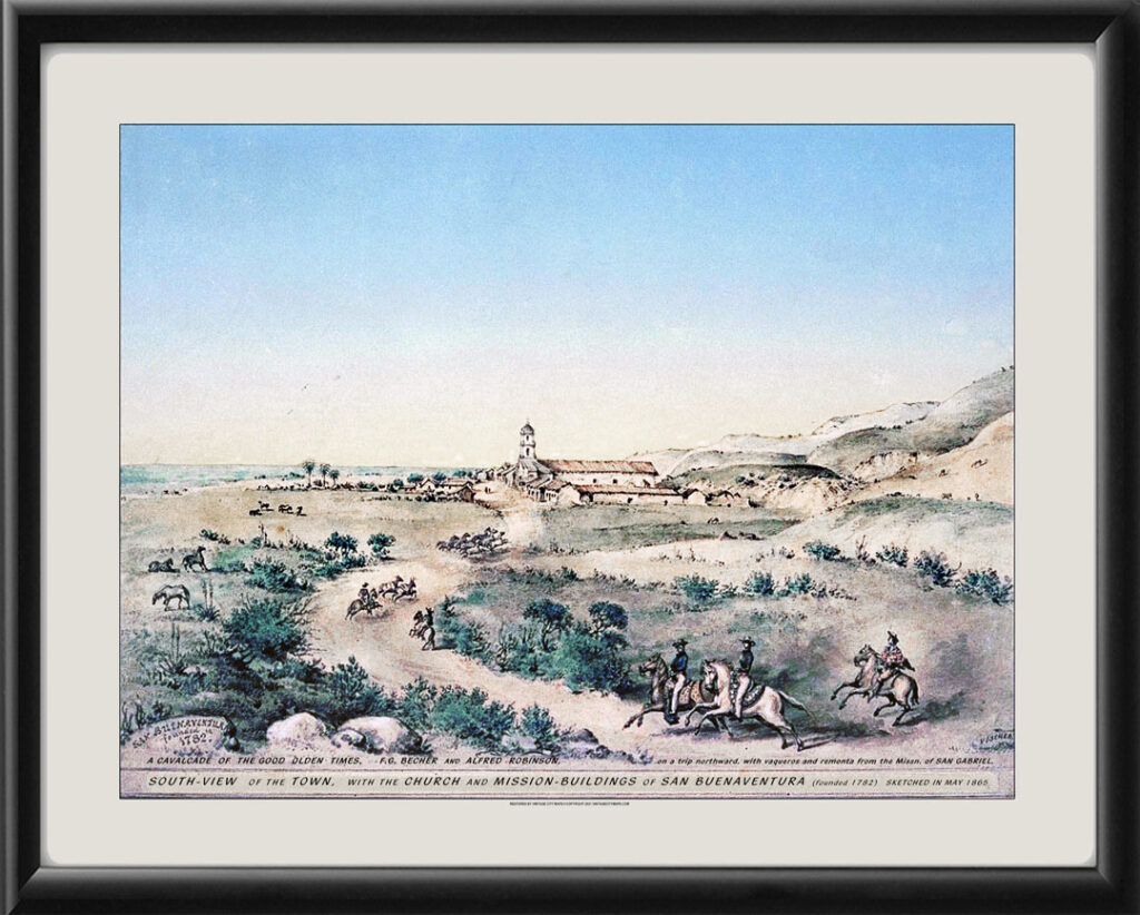 Mission San Buenaventura CA 1865 Restored Bird's Eye View | Vintage ...