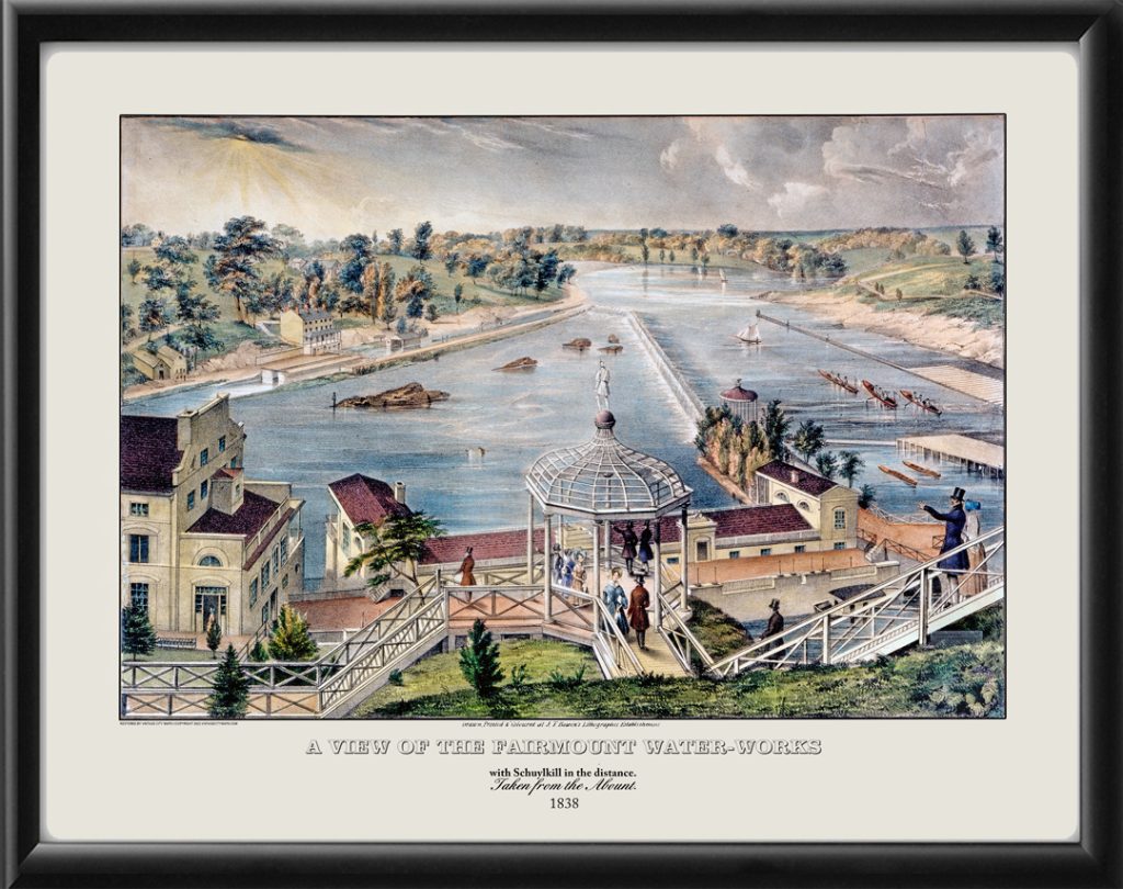 Philadelphia PA 1838 Fairmount Water Works Restored Map | Vintage City Maps
