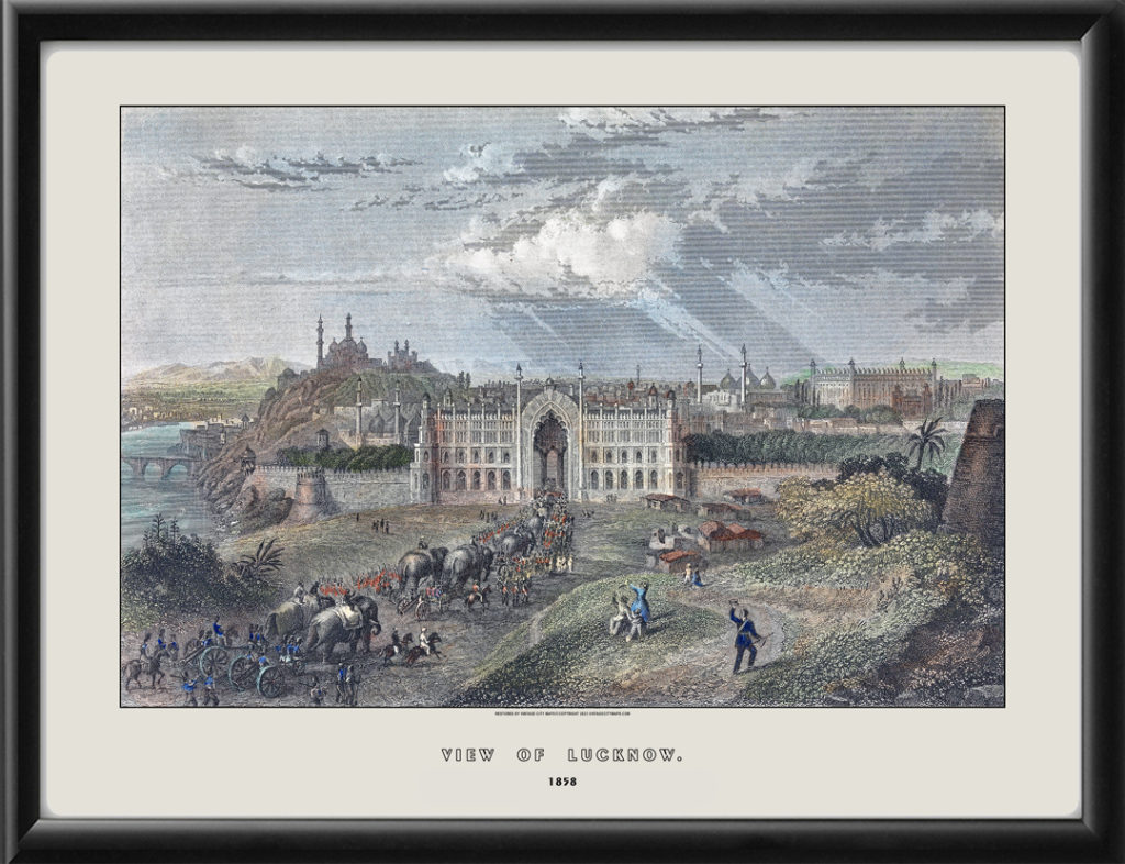 Lucknow India 1858 - Restored Bird's Eye View | Vintage City Maps