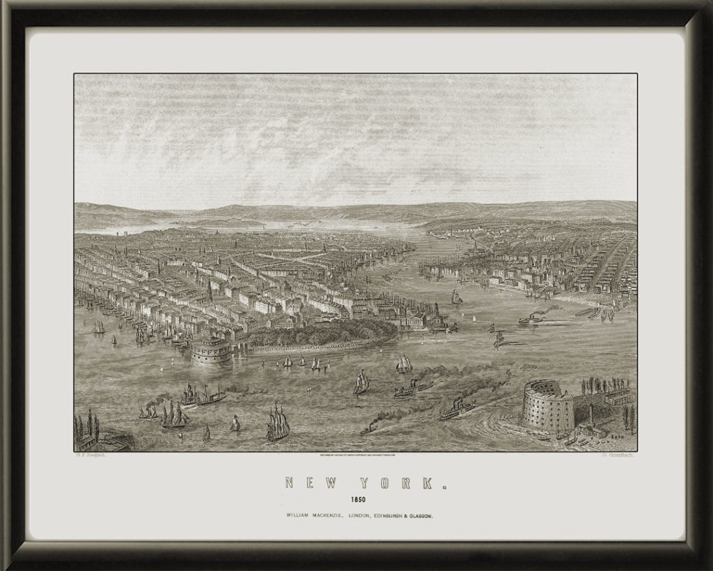 New York City NY 1850 - Restored Bird's Eye View Map | Vintage City Maps