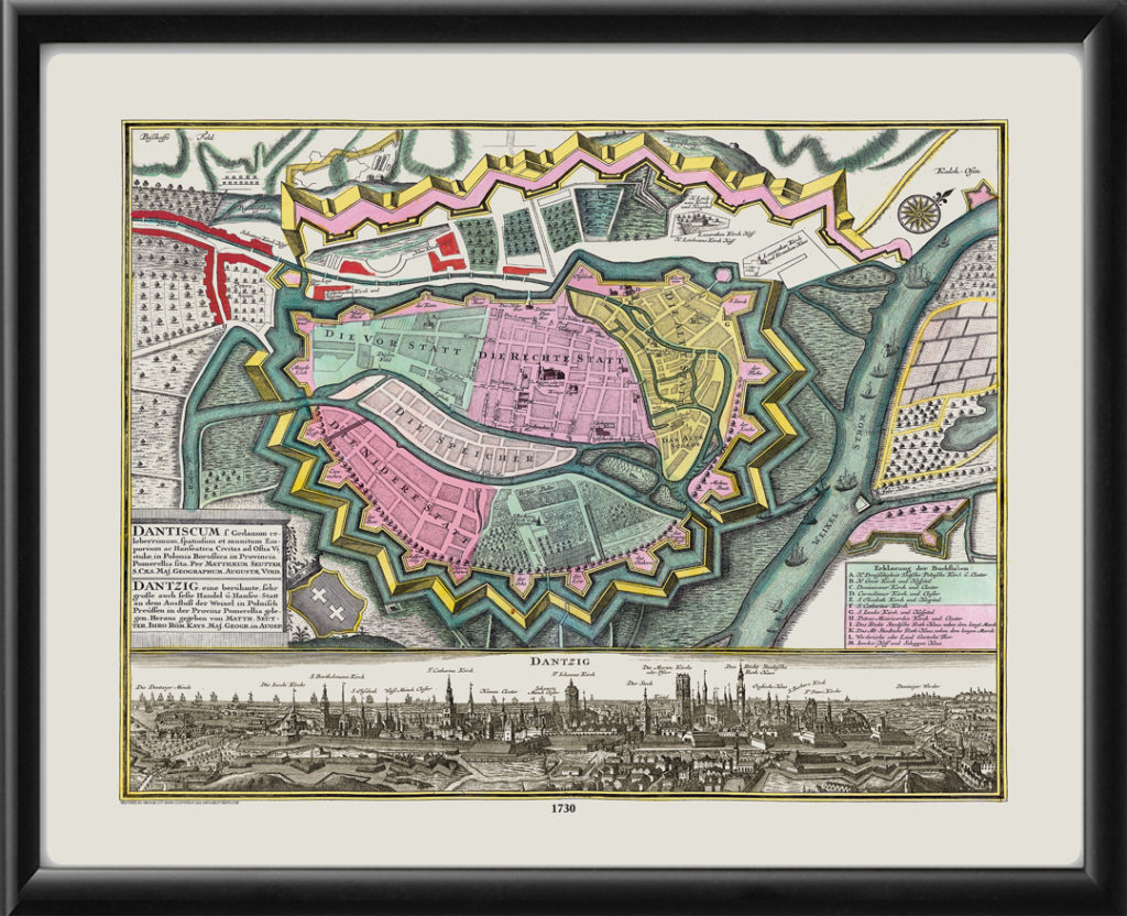 Gdansk (Danzig) Poland 1730 - Vintage City Maps, Restored views
