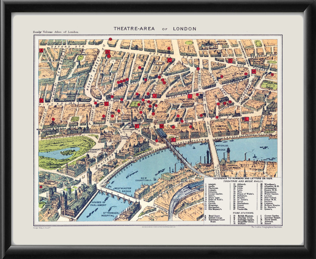 Theater Area of London 1904 Vintage City Maps, Restored Maps