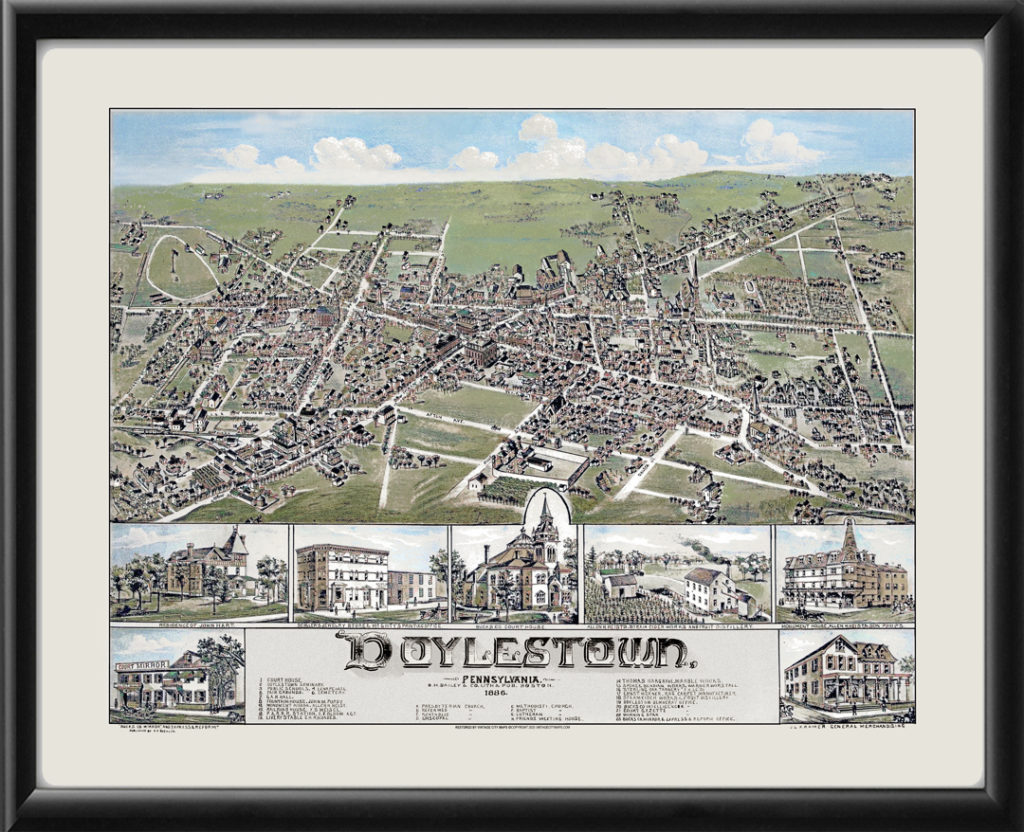 Doylestown PA 1886 (Color) - Vintage City Maps, Restored Views