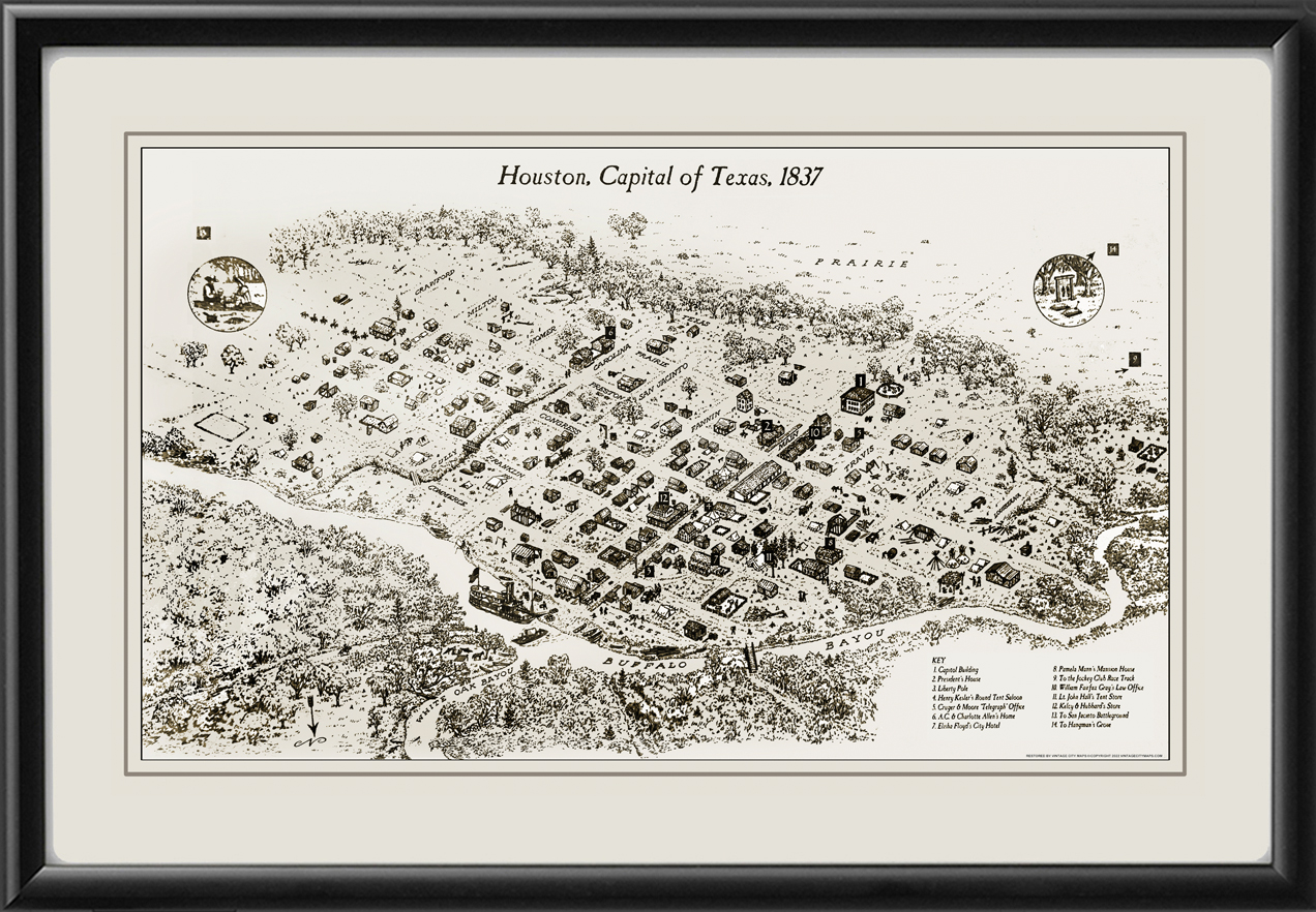 Houston TX 1837 Restored Map | Vintage City Maps
