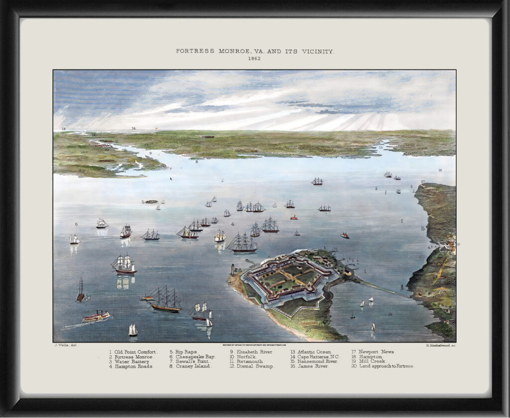 Fort Monroe VA 1862 - Restored Bird's Eye View | Vintage City Maps