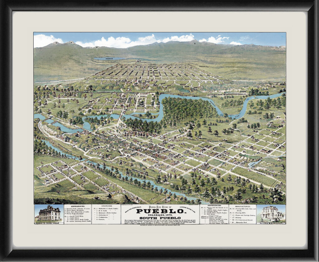 Pueblo Colorado 1874 - Restored Bird's Eye View - Vintage City Maps