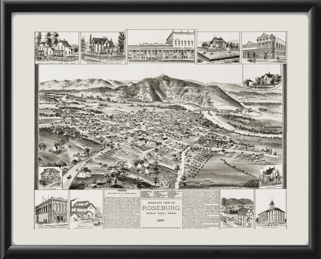 Roseburg OR 1889 Restored Map | Vintage City Maps