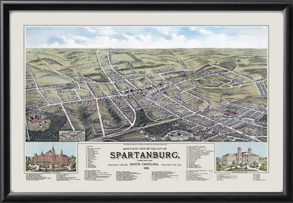 Spartanburg SC 1891 (Color) - Vintage City Maps, Restored Views