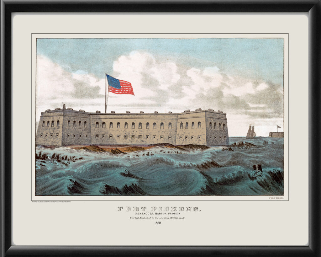 Fort Pickens - Pensacola Harbor 1860 Restored Map | Vintage City Maps