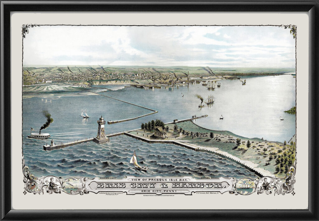 Erie and Presque Isle Bay 1876 (Color) Restored Map | Vintage City Maps