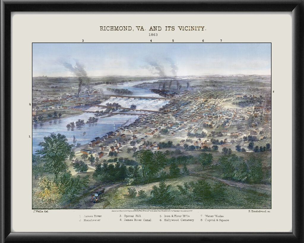 Richmond VA 1863 (Color) | Vintage City Maps - Restored Bird's Eye Views