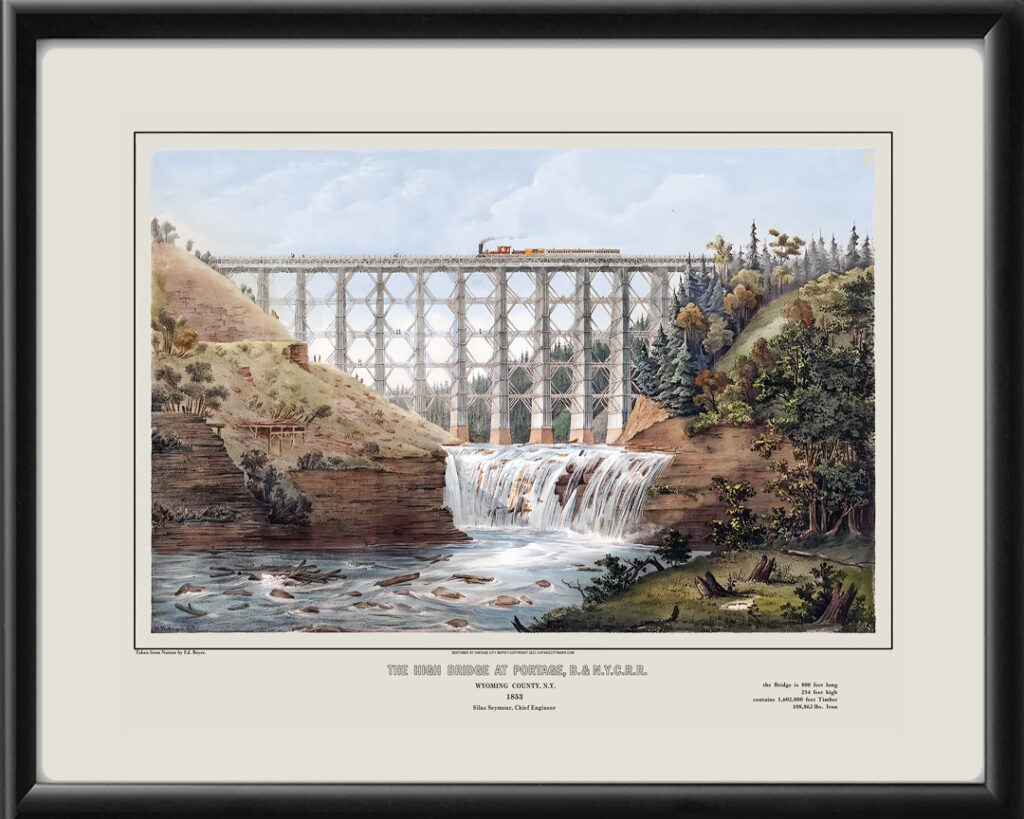 The High Bridge at Portage NY 1853 | Vintage City Maps - Restored Bird ...