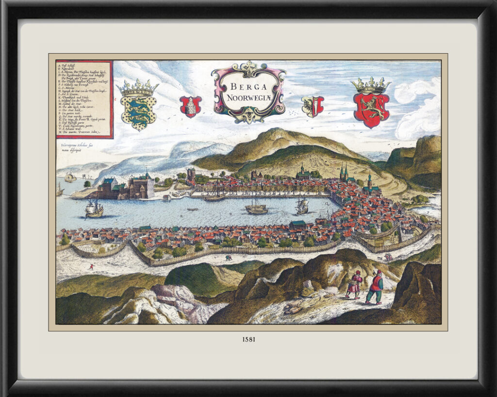 Bergen Norway 1581 - Restored Bird's Eye view - Vintage City Maps