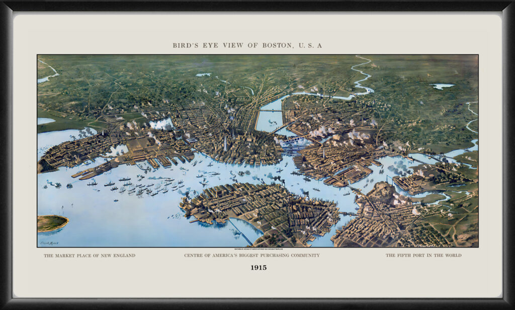 Boston MA 1915 - Restored Bird's Eye View - Vintage City Maps